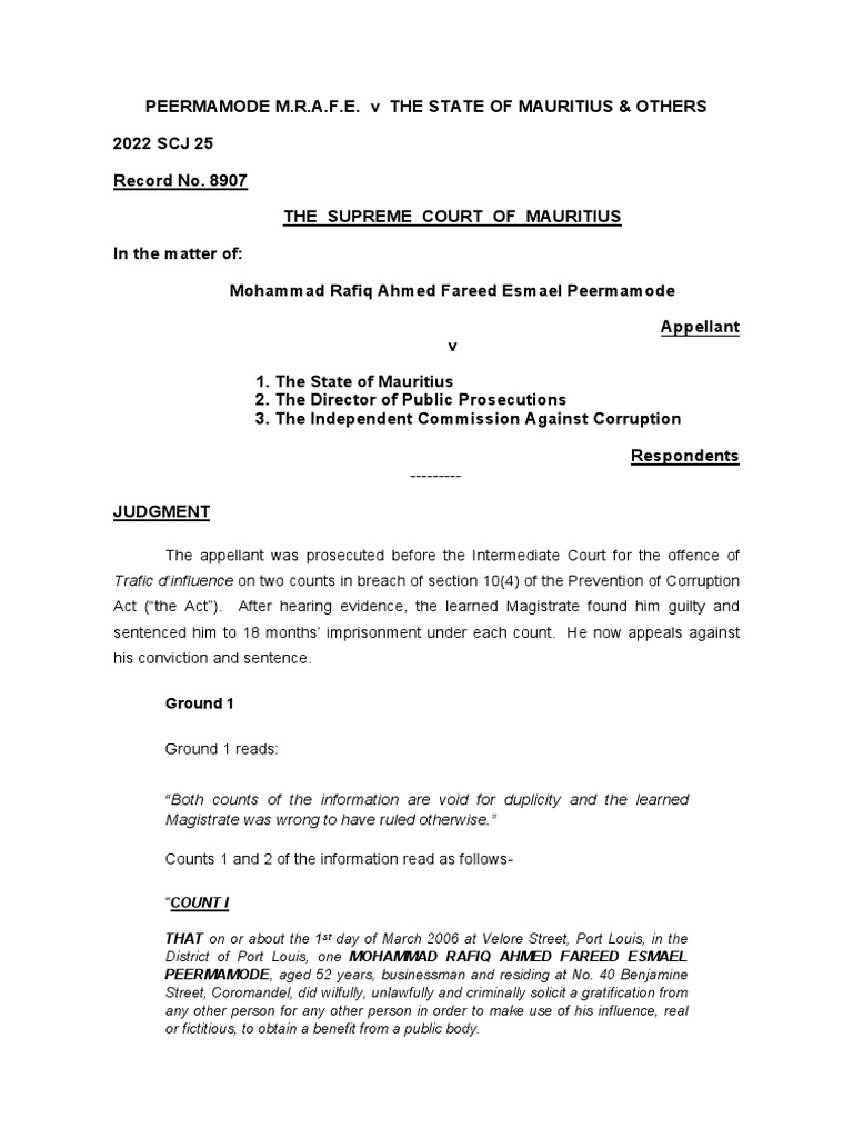 Peermamode Mrafe V State Mauritius Ors 2022 SCJ 25 - 0 | PDF | Sentence ...