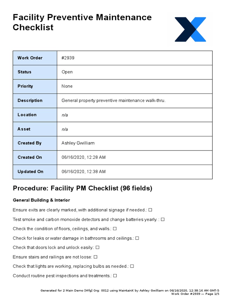 Facility Preventive Maintenance Checklist | PDF | Flashlight | Building ...
