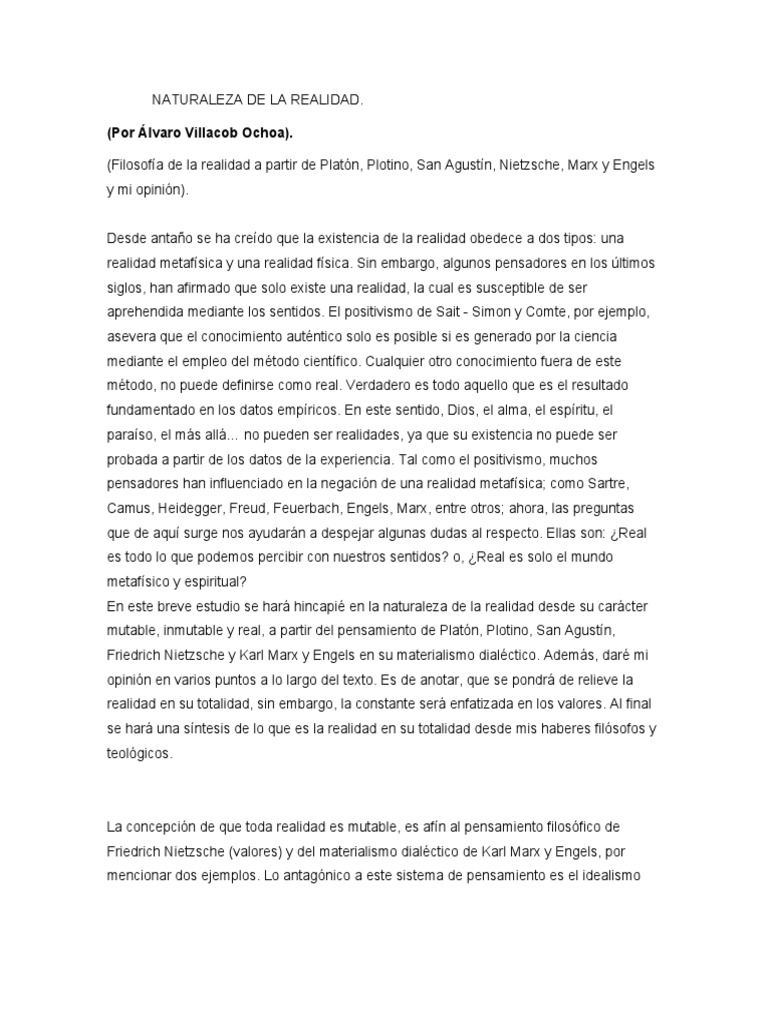 NATURALEZA DE LA REALIDAD - Filosofía. | PDF | Platón | Realidad