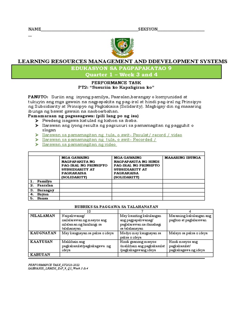 Performance Task Q1 WEEK 3&4 D | PDF