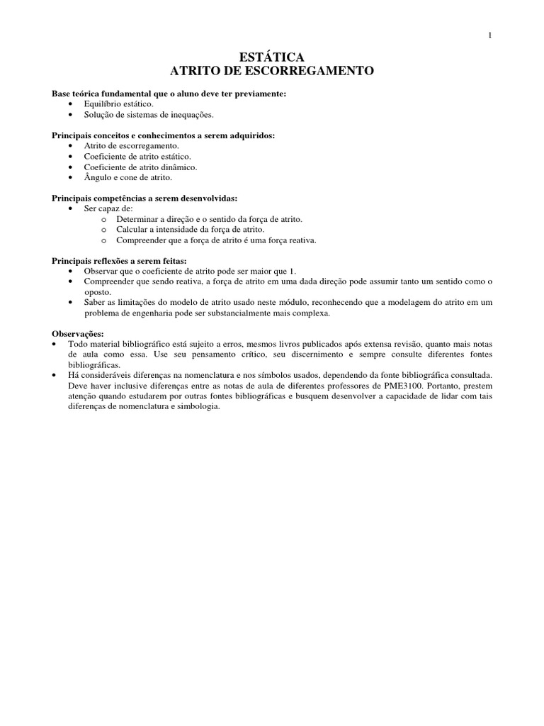 Forças de Atrito e Equilíbrio Estático | PDF | Atrito | Física Aplicada ...