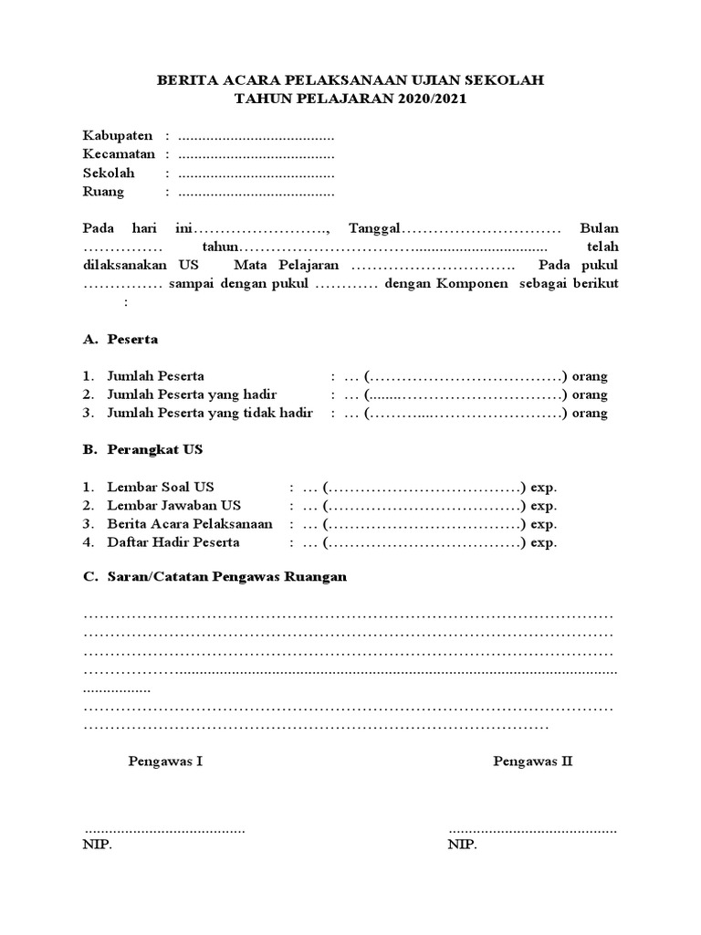 Berita Acara Pelaksanaan Ujian Sekolah | PDF