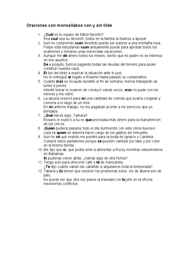 Oraciones con monosílabos: tilde y sin tilde | PDF