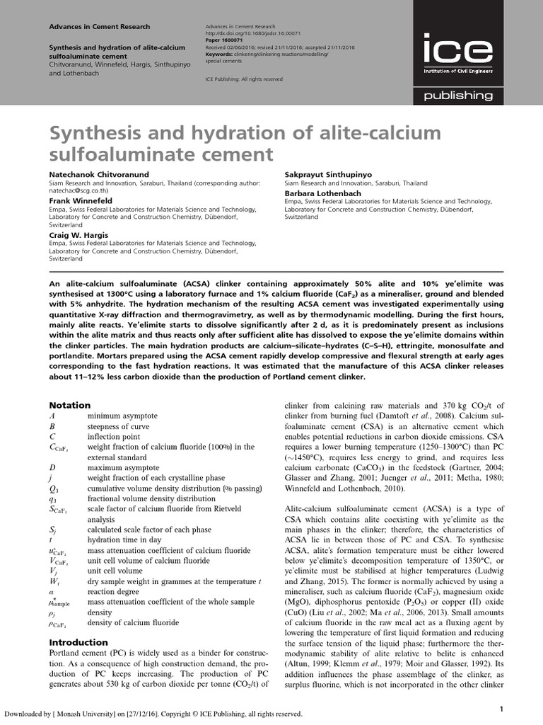 Synthesis and Hydration of Alite-Calcium Sulfoaluminate Cement | PDF ...