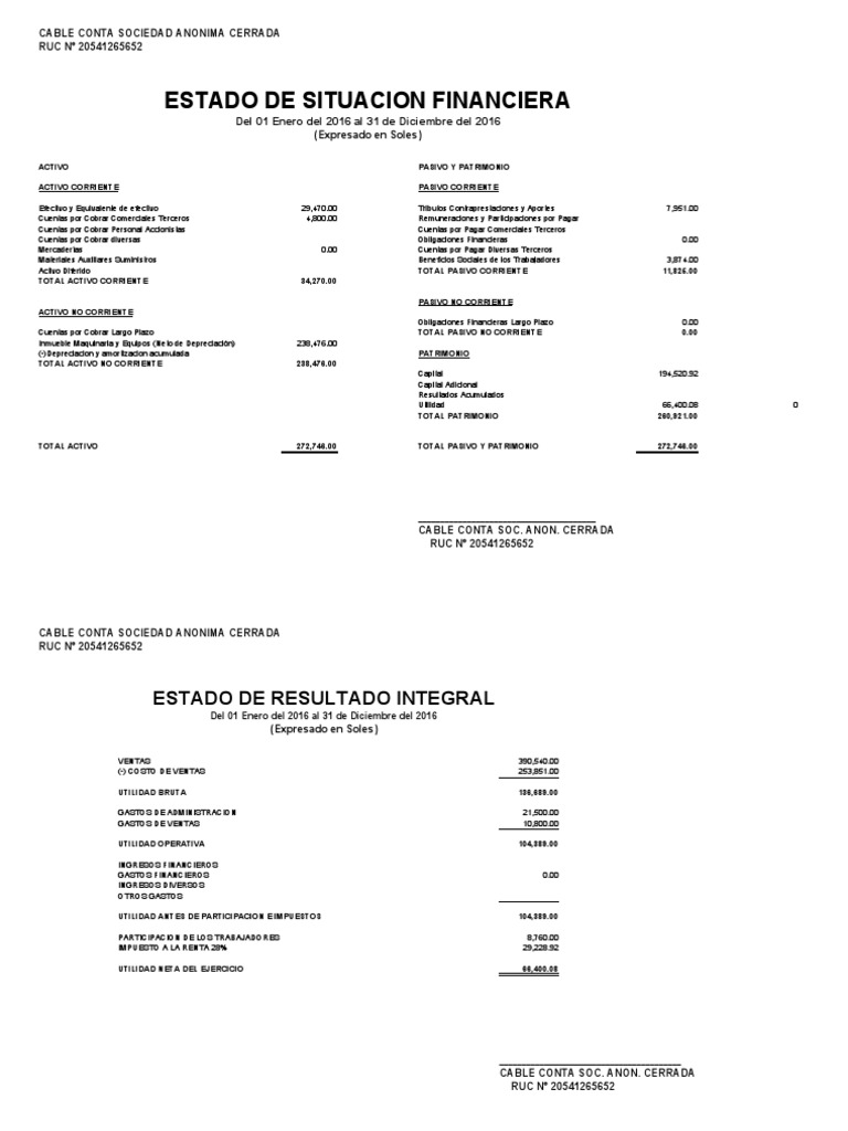 Estados Financieros Cable Conta Sac | PDF | Activo fijo | Dividendo