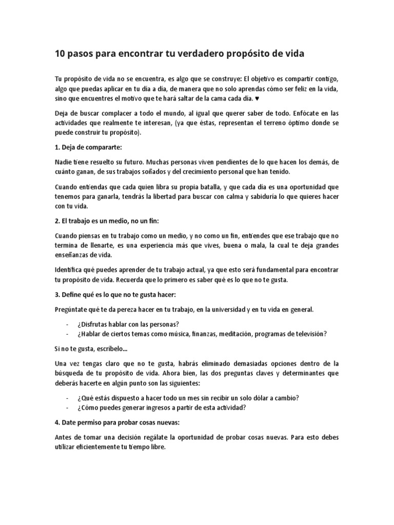 10 Pasos Para Encontrar Tu Verdadero Propósito De Vida Pdf