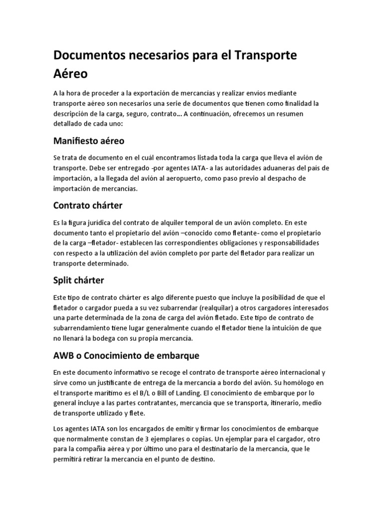 Documentos Necesarios para El Transporte Aéreo | PDF | Guía de carga | Aviación