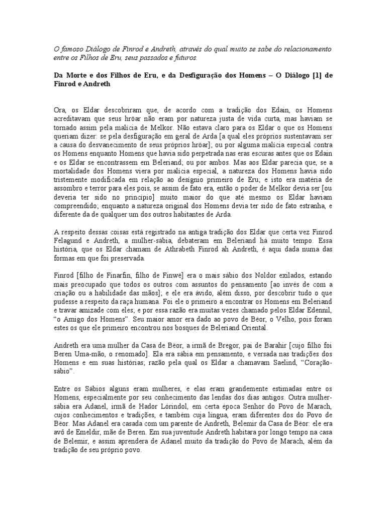 O Famoso Diálogo de Finrod e Andreth | PDF | Terra-Média | Elfo (Terra ...