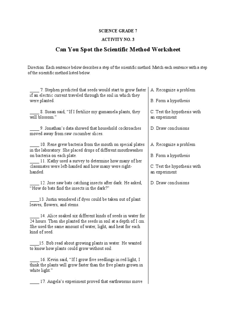 Scientific Method Worksheet for Grade 7 | PDF | Experiment | Plants