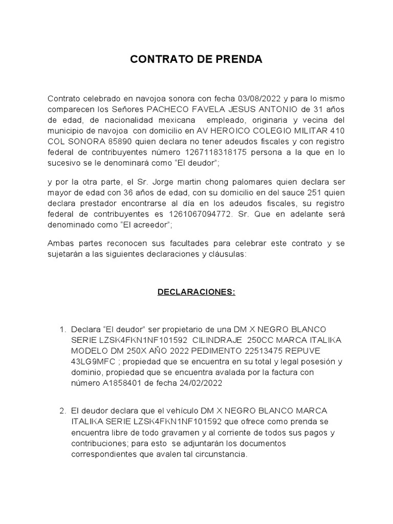 Modelo de Contrato de Prenda | PDF | Justicia | Crimen y violencia