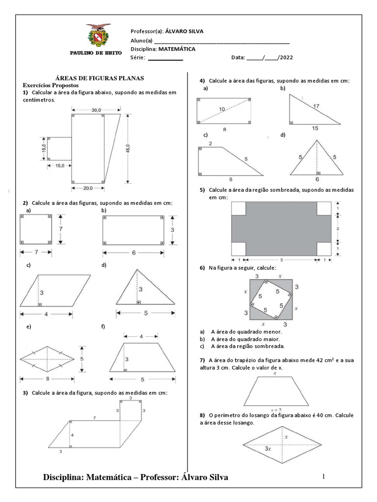 Exercícios de Áreas de Figuras Planas e Geometria do Círculo | PDF ...