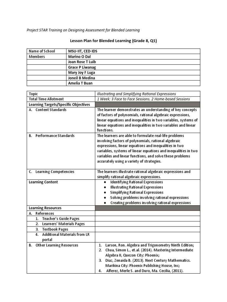 Blended Learning Lesson Plan: Rational Expressions | PDF | Equations ...