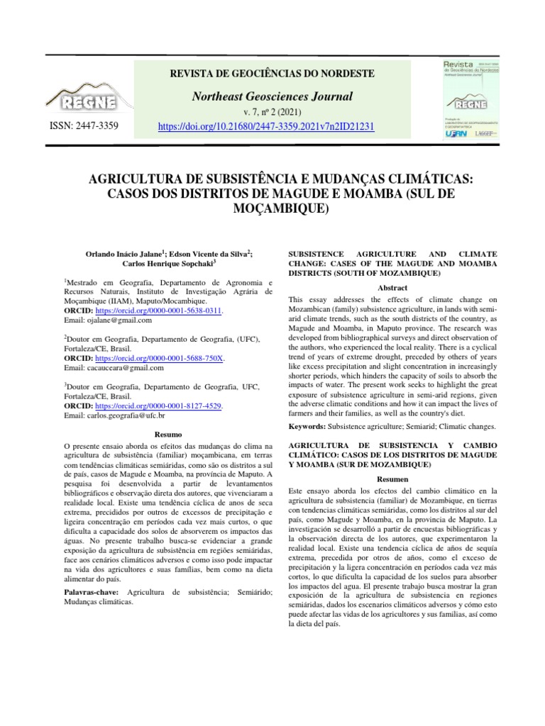 Agricultura de Subsistência E Mudanças Climáticas: Casos Dos Distritos ...