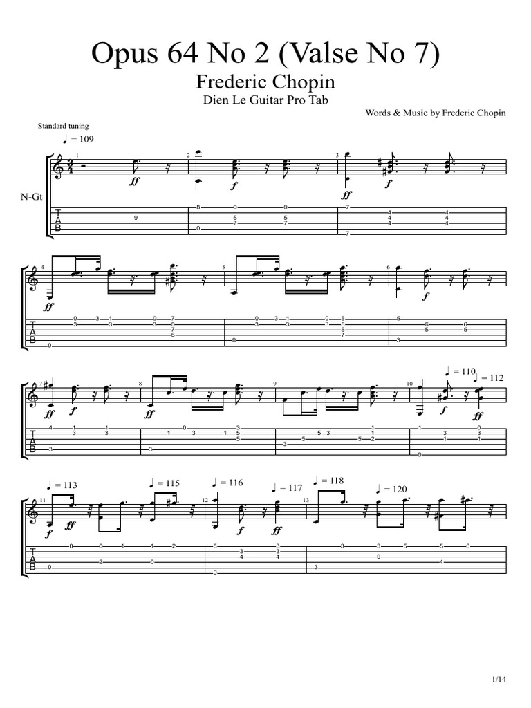 Frederic Chopin - Opus 64 No 2 (Valse No 7) - Guitar Tabs | PDF ...