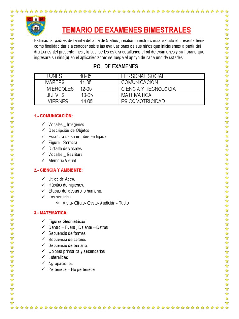 Temario de Examenes Bimestrales | PDF