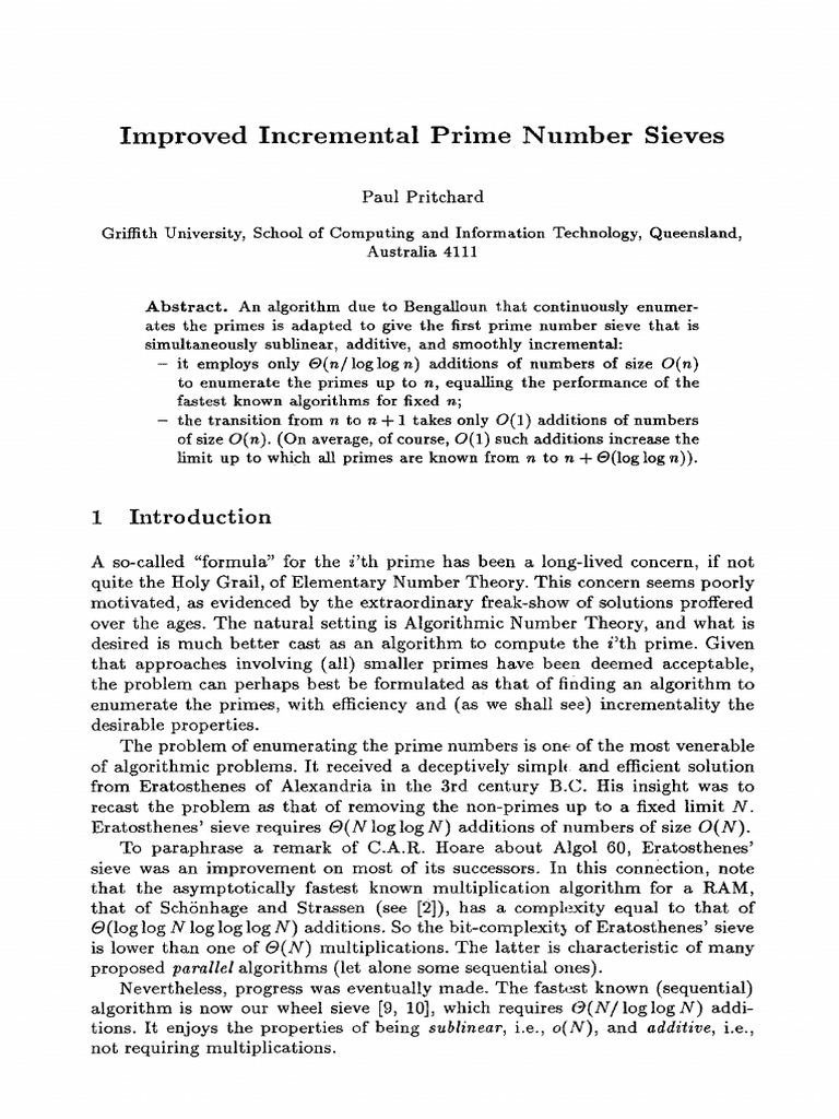 Pritchard1994 - Improved Incremental Prime Number Sieves | PDF | Prime Number | Multiplication