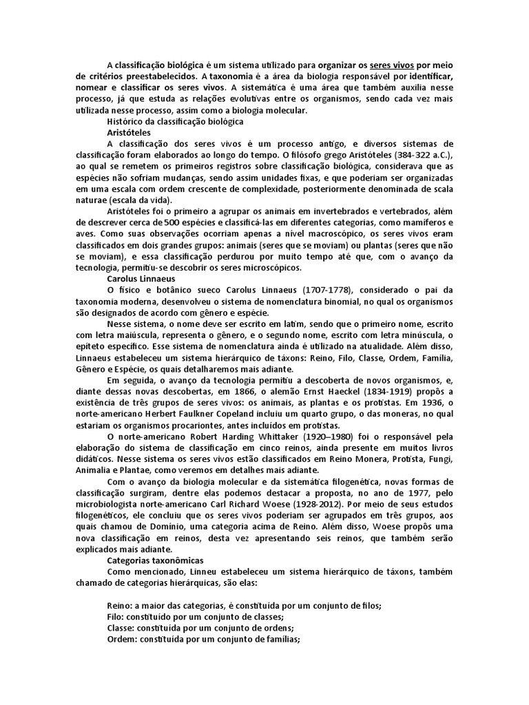 Classificação Biológica: História e Taxonomia | PDF | Taxonomia ...