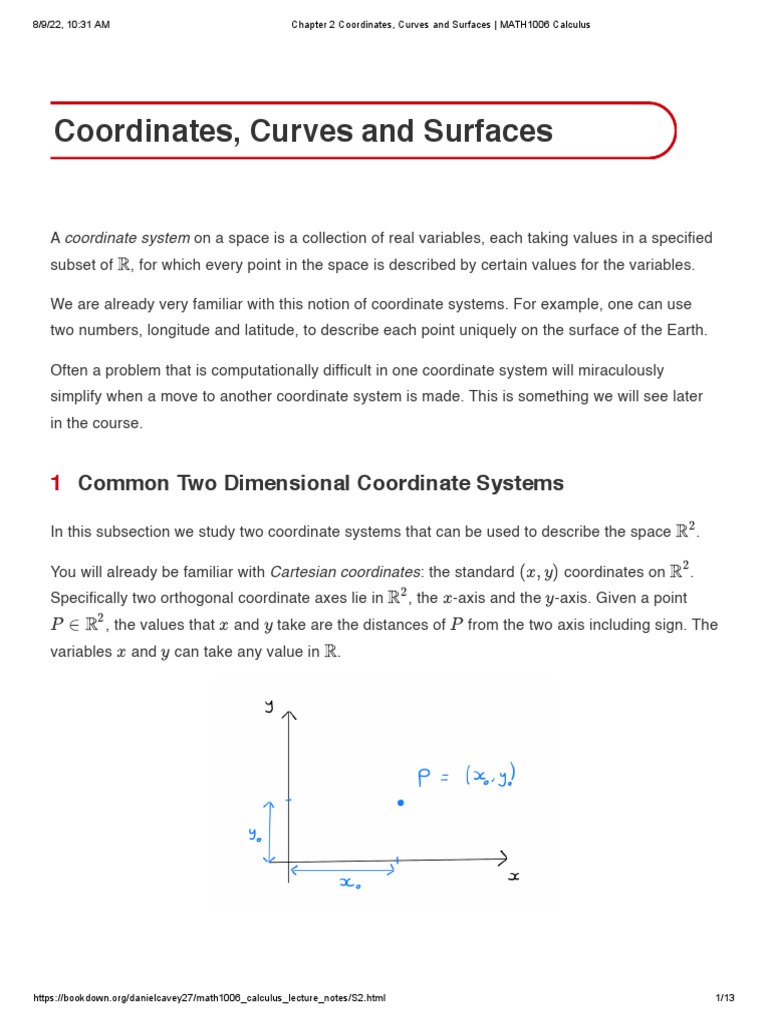 Chapter 2 Coordinates, Curves and Surfaces - MATH1006 Calculus | PDF ...