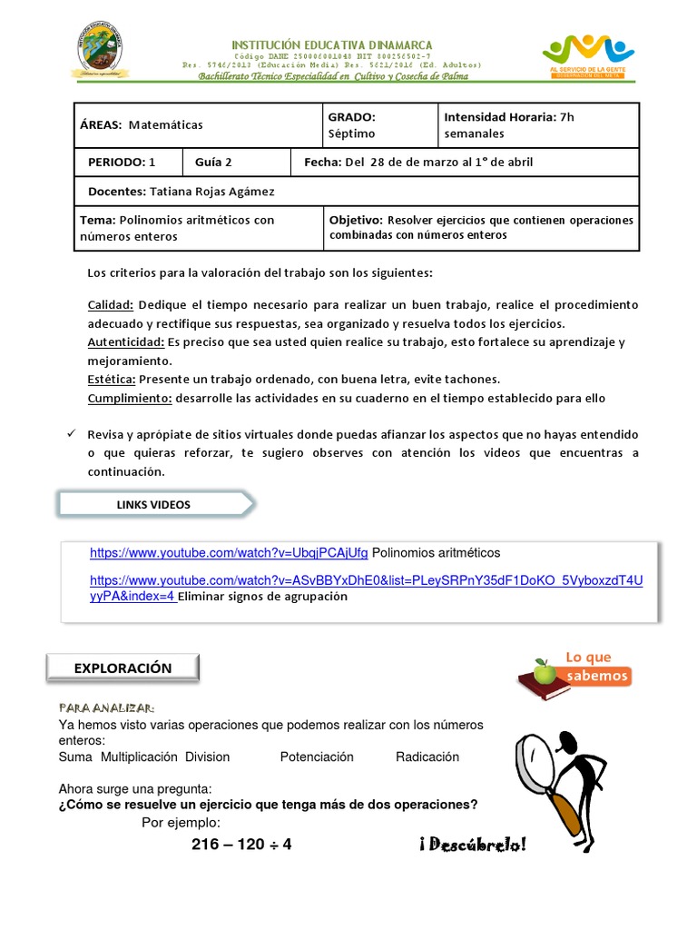 Math 7° P1 G3 - Polinomios Aritméticos Con Números Enteros | PDF ...