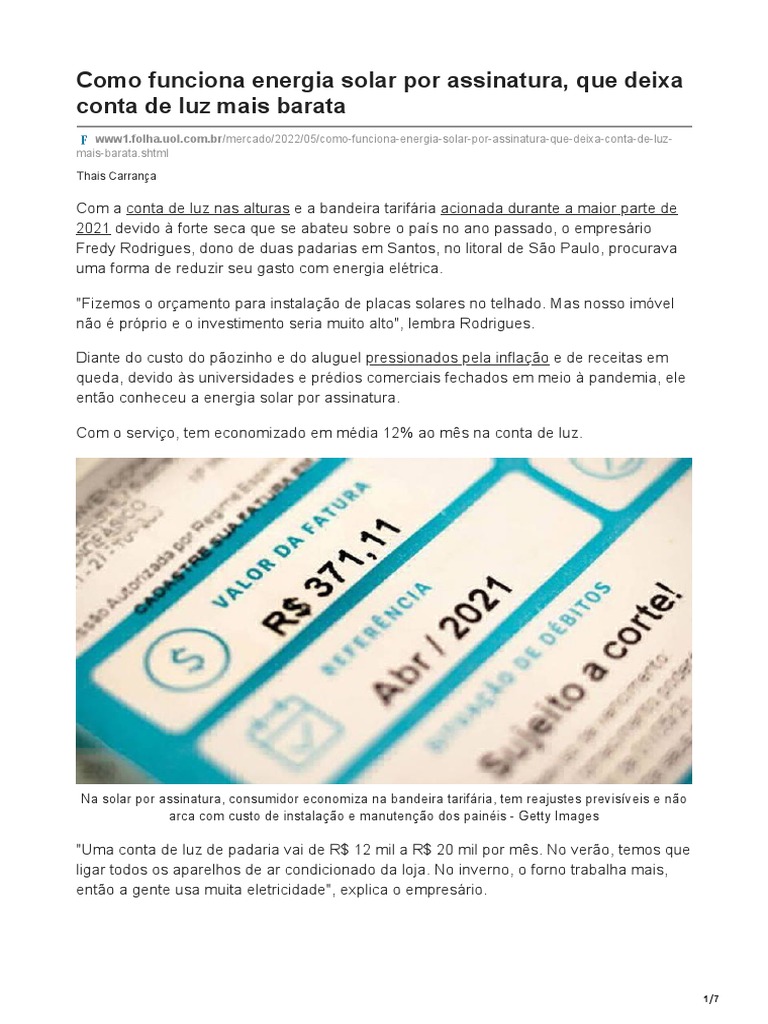 Como Funciona Energia Solar Por Assinatura Que Deixa Conta de Luz Mais Barata | PDF ...