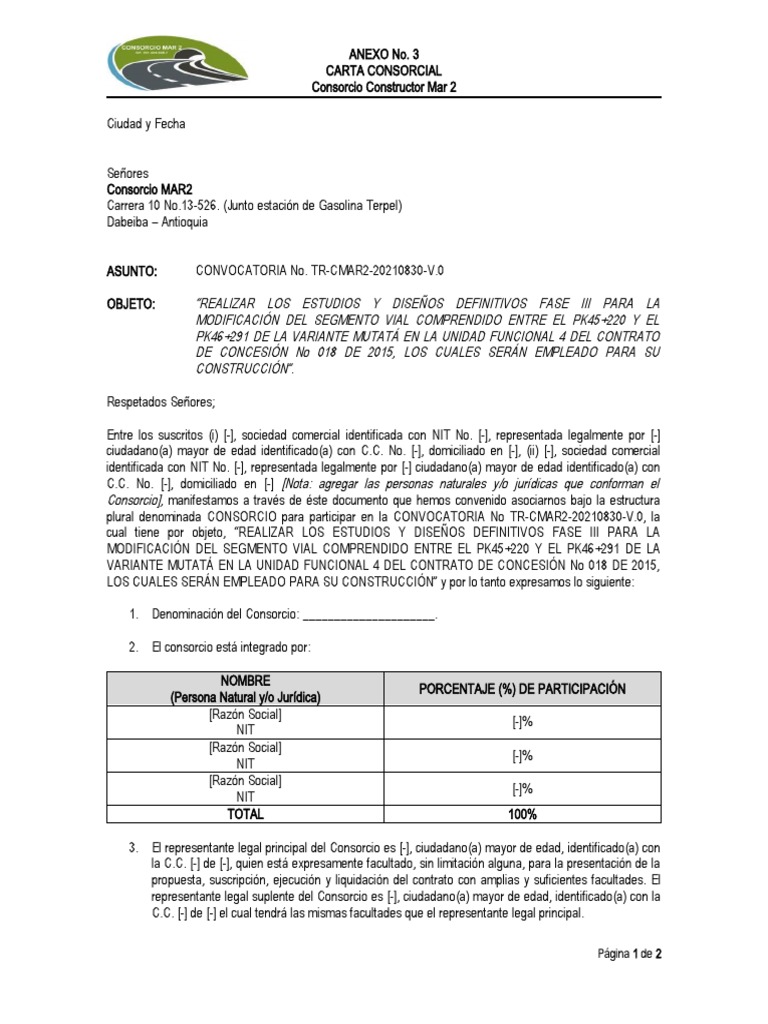 Anexo No. 3 - Modelo Unión Temporal Consorcio | PDF | Justicia | Crimen ...