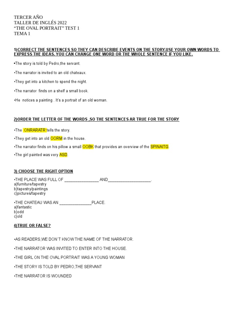Tercer Año Taller de Inglés 2022 "The Oval Portrait" Test 1 Tema 1 | PDF