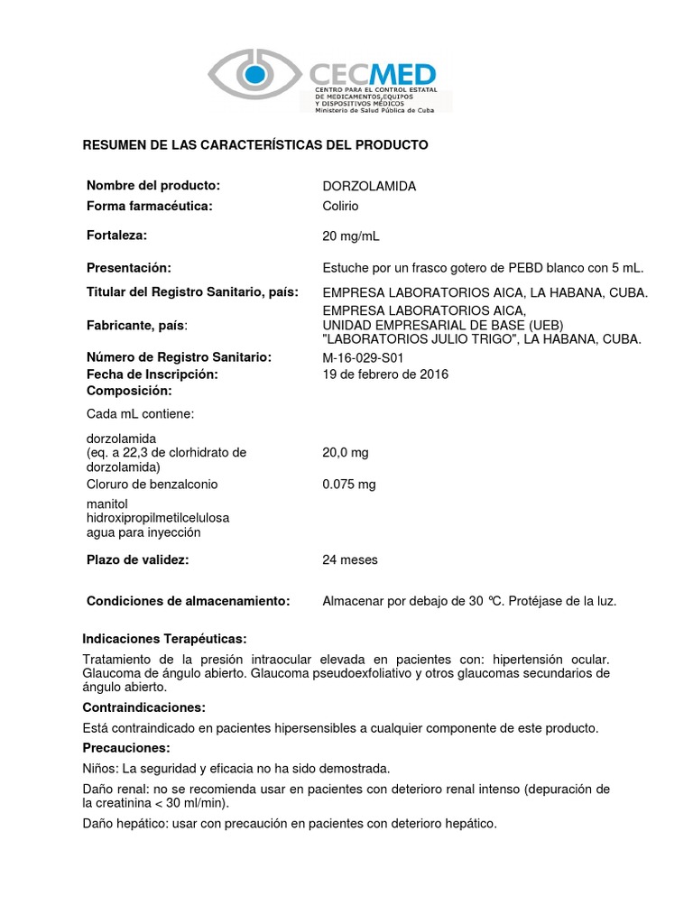 m16029s01 Dorzolamida | PDF | Medicamentos con receta | Glaucoma