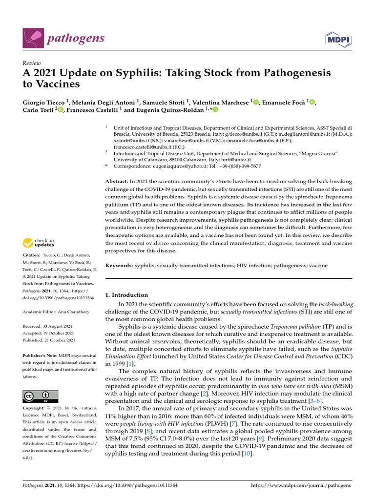Pathogens: A 2021 Update On Syphilis: Taking Stock From Pathogenesis To ...