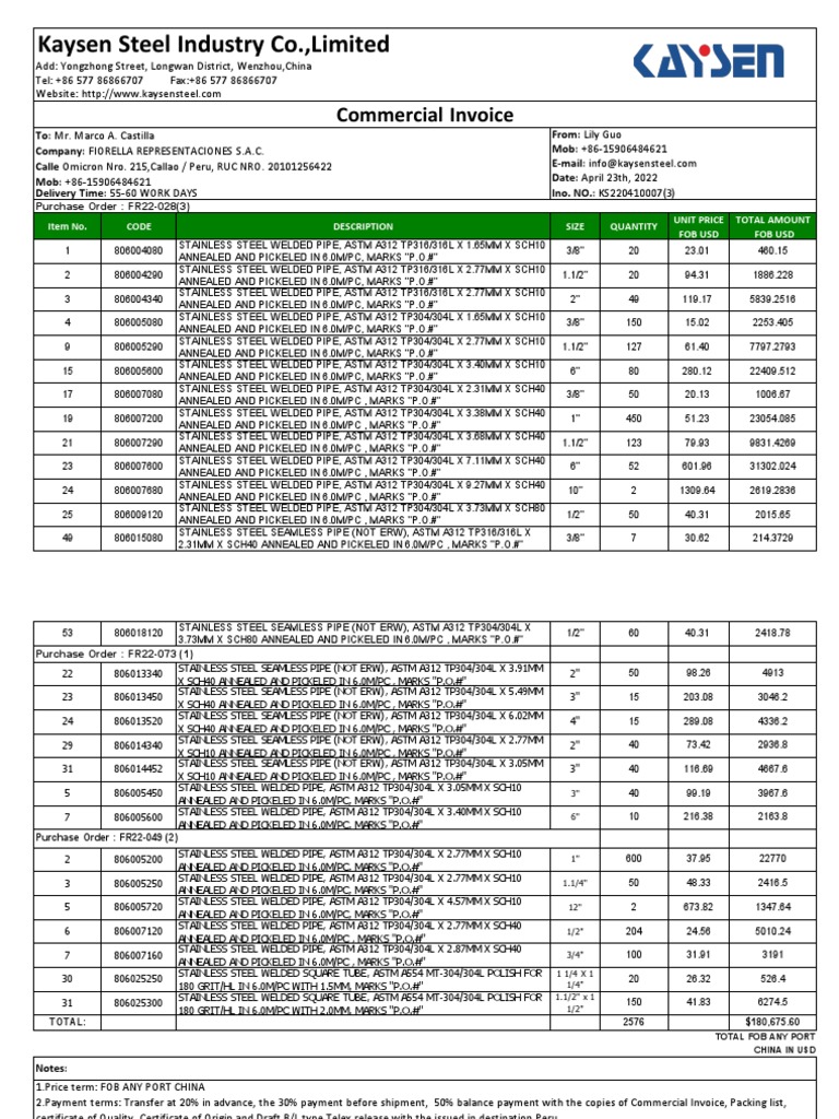 Kaysen Steel commercial invoice for stainless steel pipes | PDF | Valve ...
