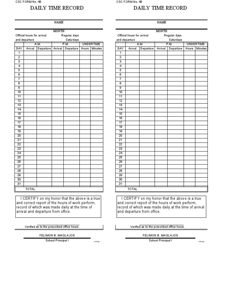Daily Time Record Template Form | PDF