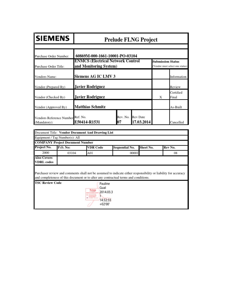 Prelude FLNG Project: 60869M-000-1661-10001-PO-03104 ENMCS (Electrical Network Control and ...