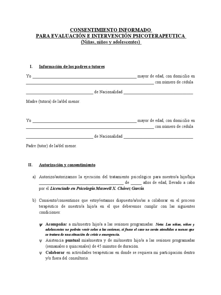 Consentimiento Informado Niños, Niñas y Adolescentes | PDF | Sicología ...