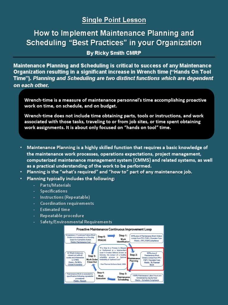 Single Point Lesson - Maintenance Planning and | PDF | Project Management | Business