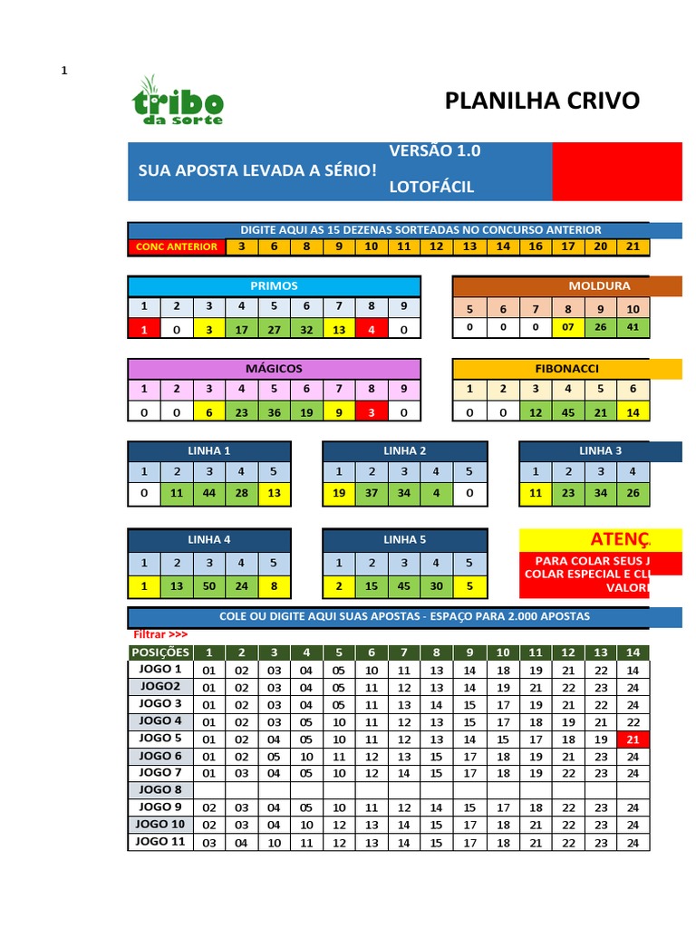 Planilha Crivo - Super Filtros Lotofácil Tribo Da Sorte V01 | PDF