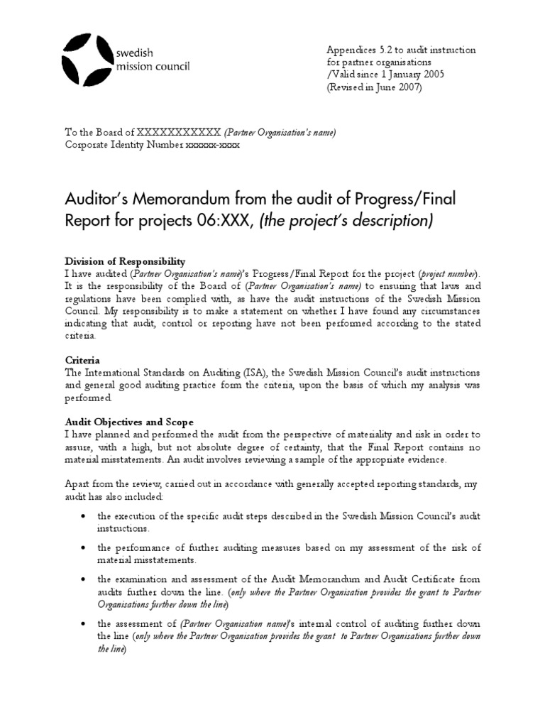 Audit Memorandum for Partner Organisation | PDF | Financial Audit ...