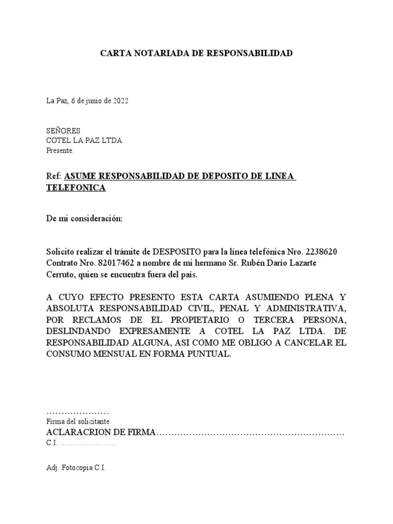 Carta Notariada de Responsabilidad Civil | PDF