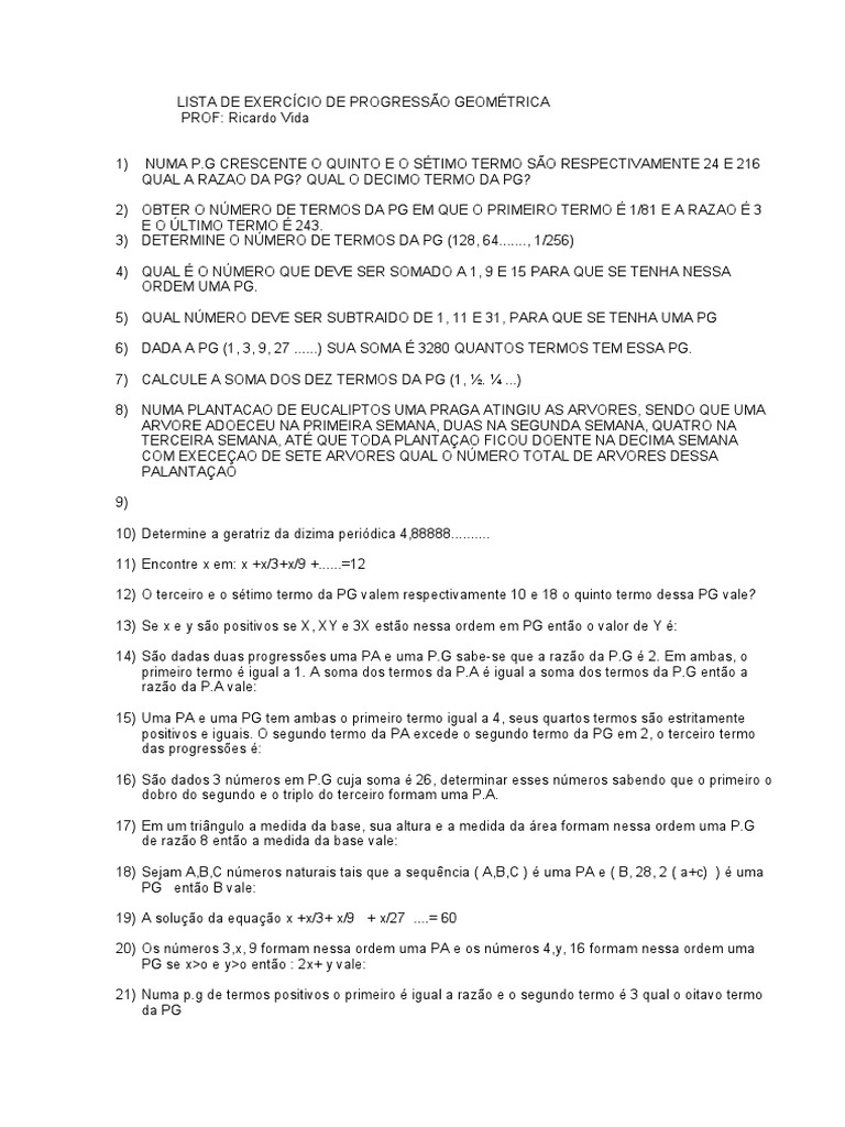 Lista de Exercicio de Progressão Geométrica | PDF | Sequência ...