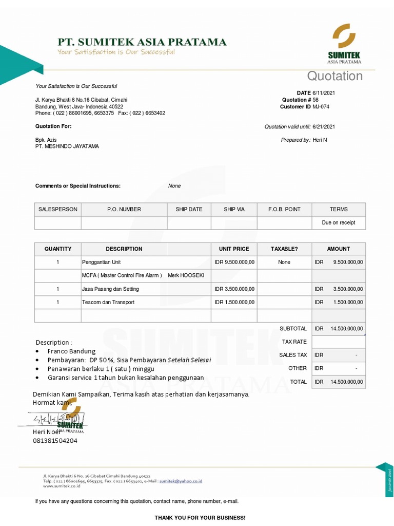 Quotation SAP - Penggantian MCFA MESHINDO | PDF | Trade | Taxes