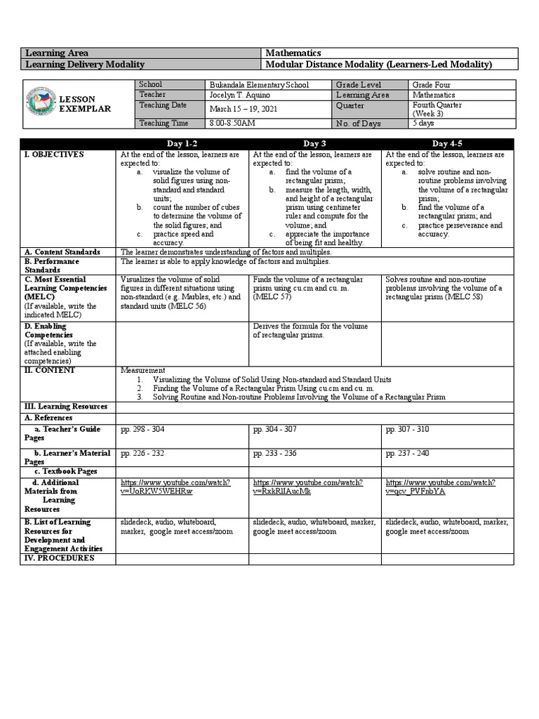 Lesson Exemplar: Learning Area Mathematics Learning Delivery Modality ...