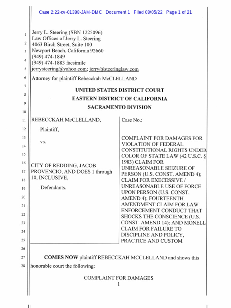 Lawsuit Against City of Redding and Officer Jacob Provencio | PDF
