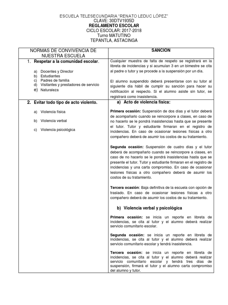 Normas De Convivencia Escuela Pdf Violencia