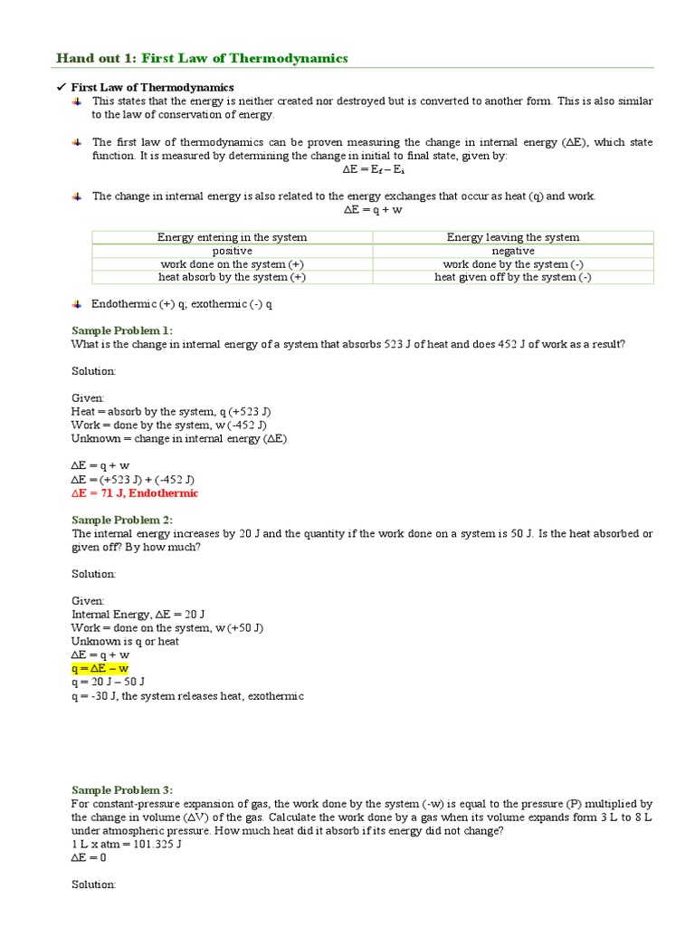 First Law of Thermodynamics: Hand Out 1 | PDF | Reaction Rate ...
