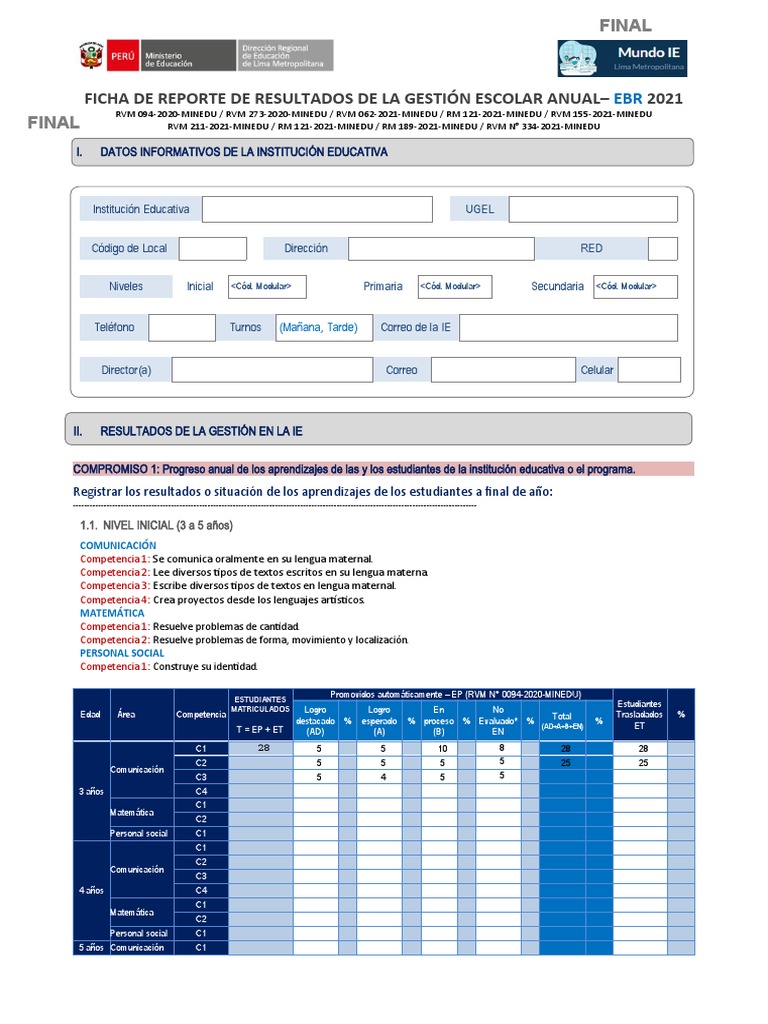 EBR - Ficha Reporte de La Gestión Anual 2021 | PDF | Educación primaria | Aprendizaje