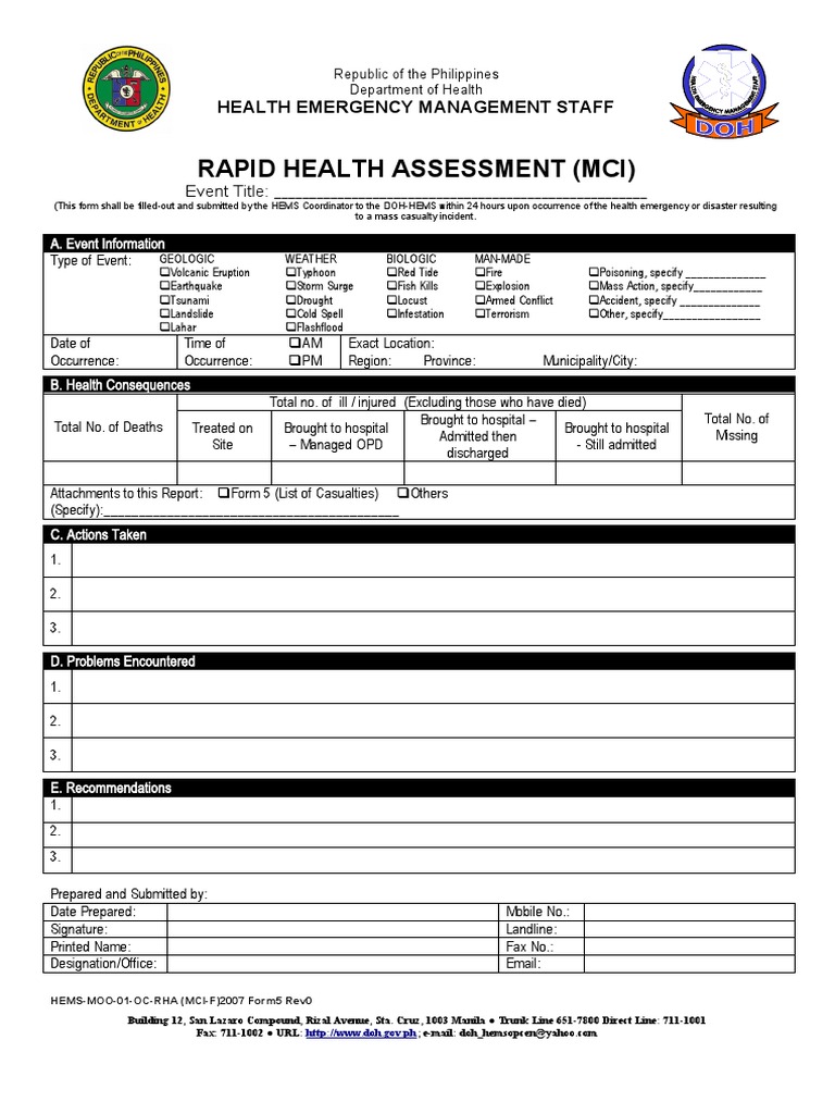 Form 5 - Rapid Health Assessment (MCI) | PDF | Disasters | Emergency ...