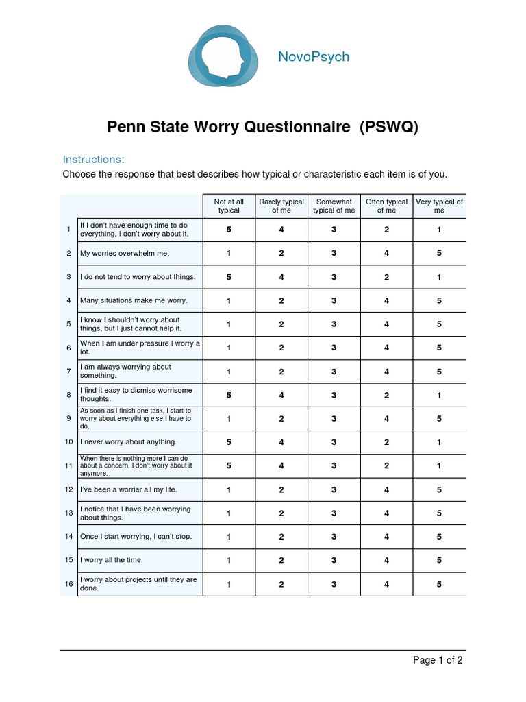 Penn-State-Worry-Questionnaire-PSWQ-pdf-template | PDF | Cognitive ...