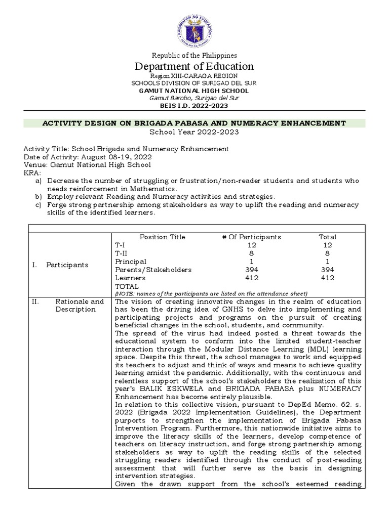 Department of Education: Activity Design On Brigada Pabasa and Numeracy ...