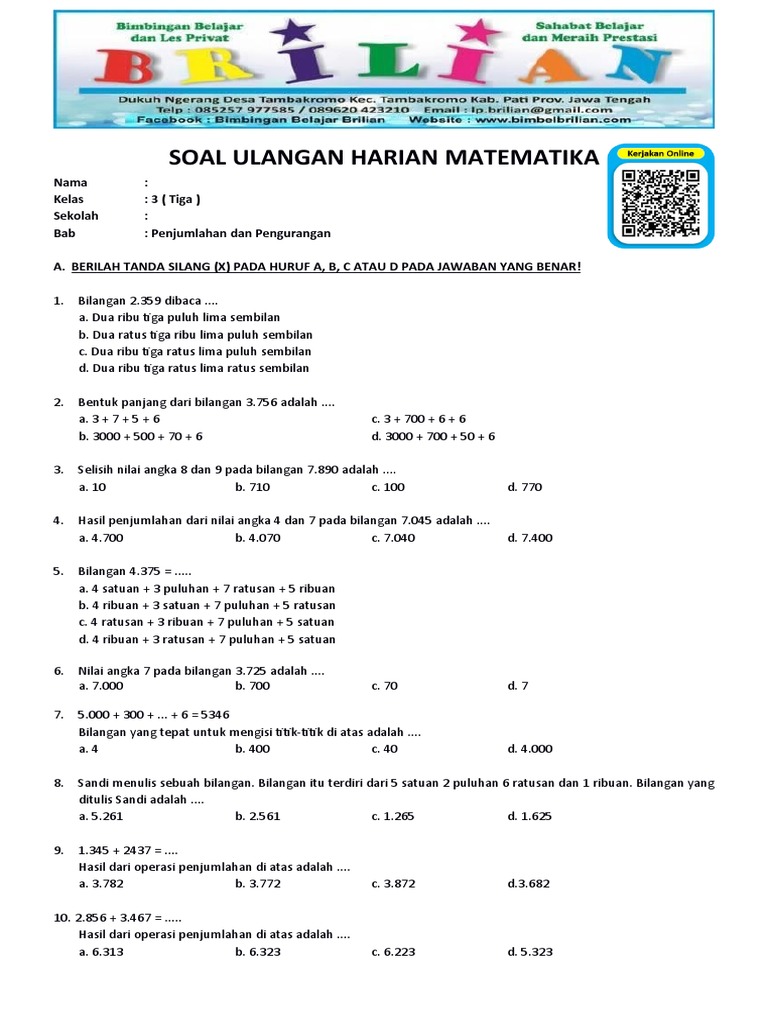 Soal Matematika Kelas 3 SD Bab 2 Penjumlahan Dan Pengurangan Dan Kunci ...