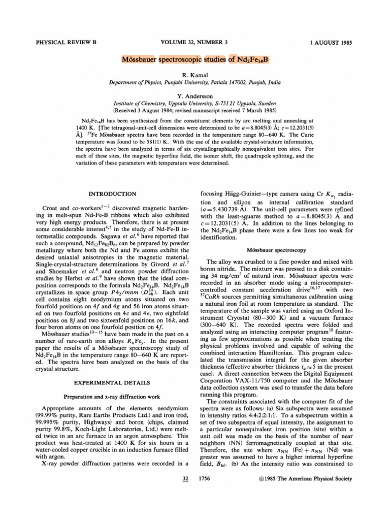 1985kamal - PRB - Mossbauer Spectroscopic Studies of Nd2Fe14B | PDF ...