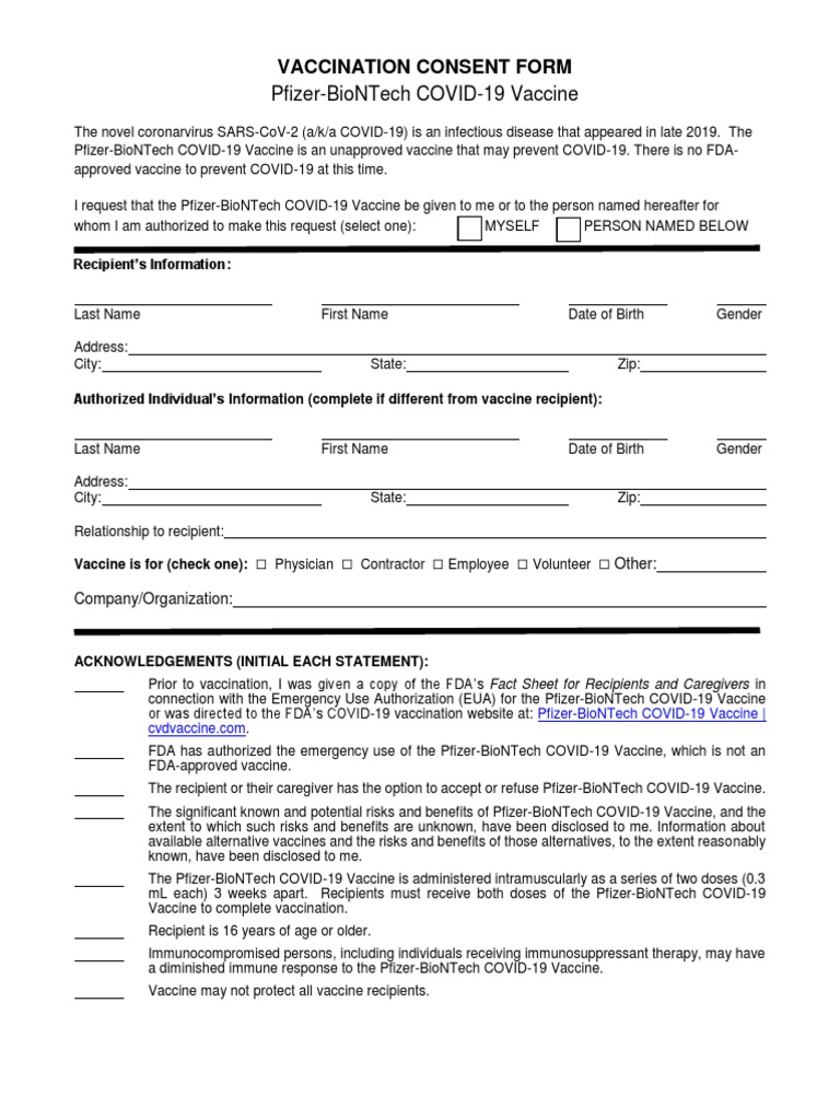 Pfizer Consent Form - Fillable | PDF | Epidemiology | Drugs
