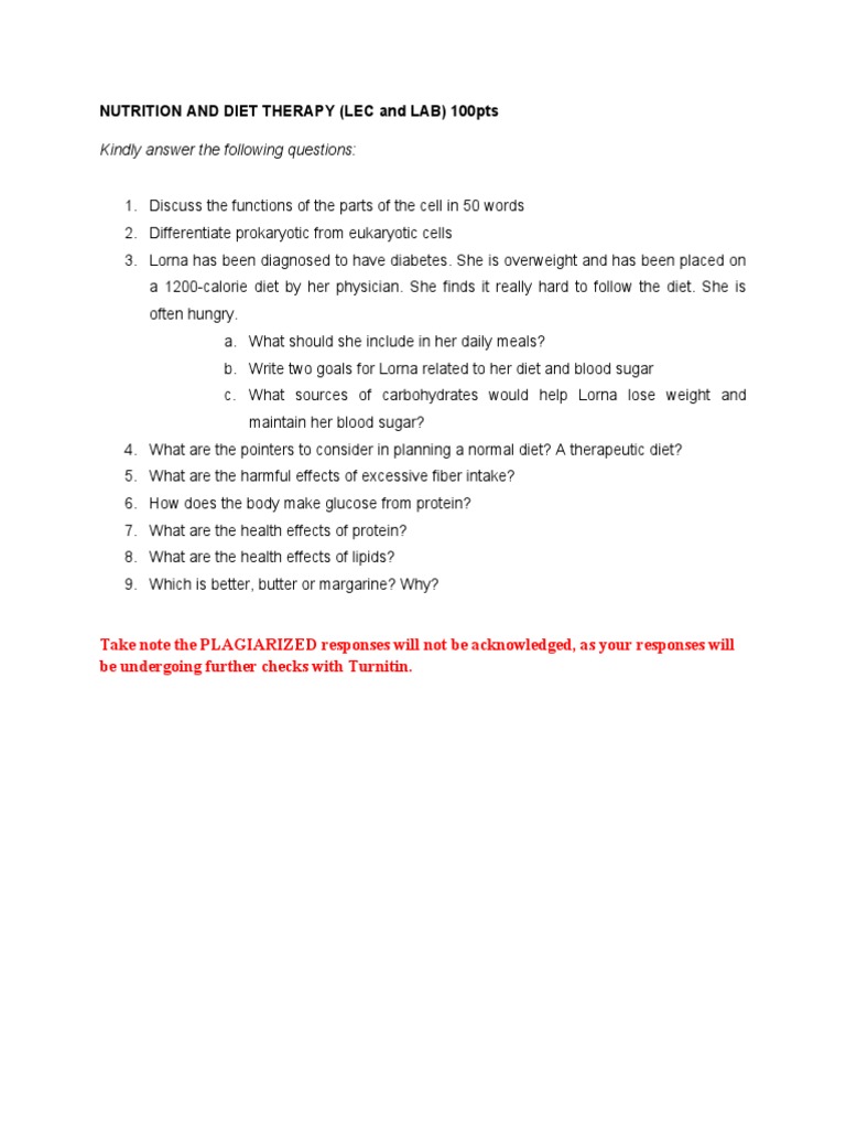 Kindly Answer The Following Questions:: Nutrition and Diet Therapy (Lec ...